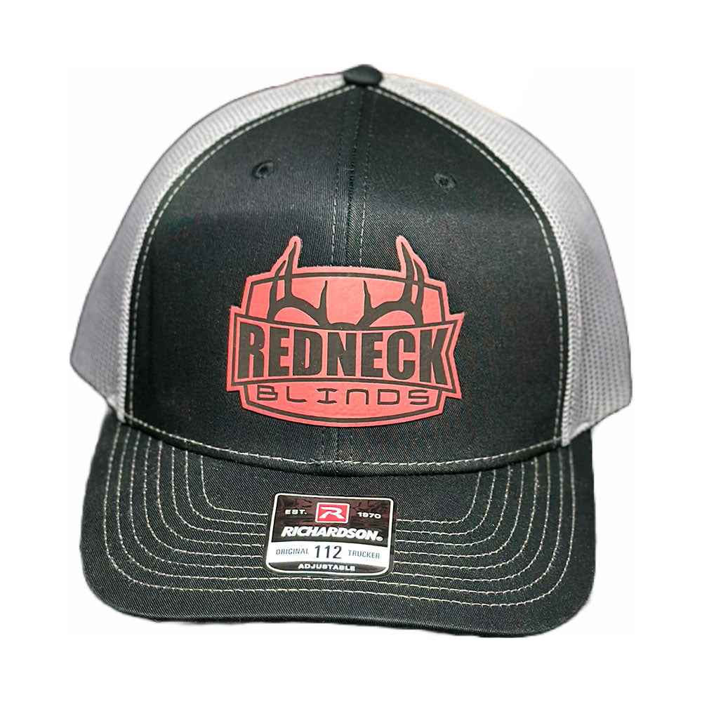 Red Leather Patch Trucker Hat by Redneck Blinds